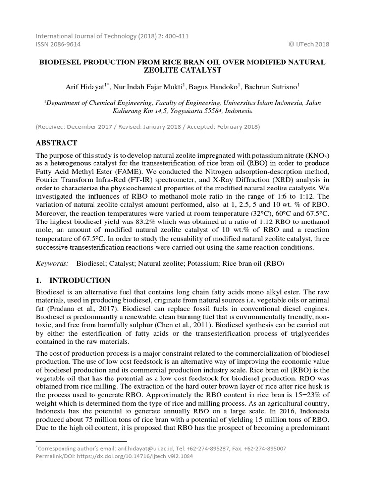 Biodiesel Production From Rice Bran Oil Over Modified Natural Zeolite ...