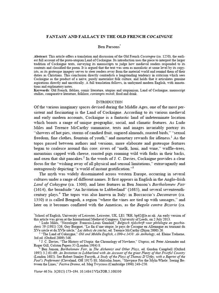 Parsons, Fantasy and Fallacy in The Old French Cocaingne | PDF | Utopia