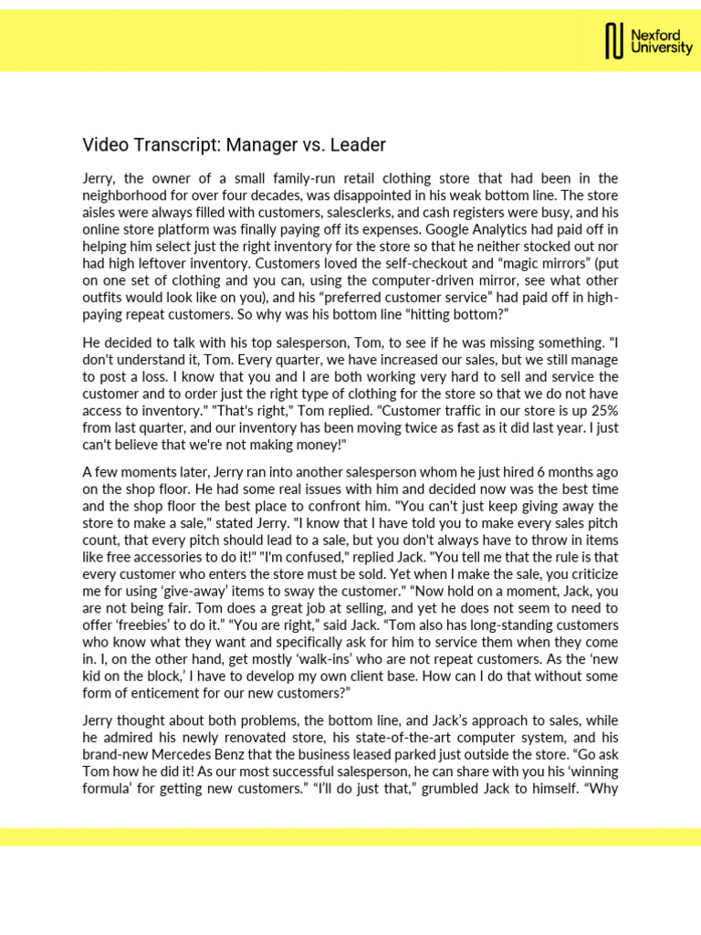 Video Transcript - Manager vs. Leader | PDF