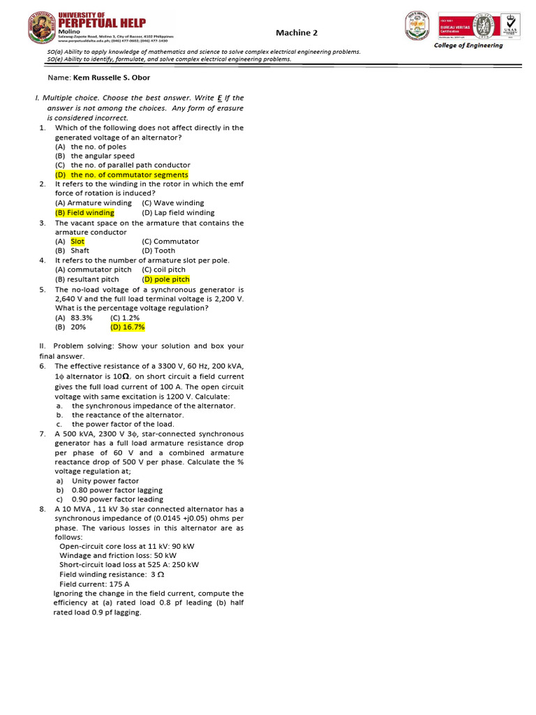 Obor - Quiz 2 Machine2 (Midterm) | PDF | Electricity | Electrical ...