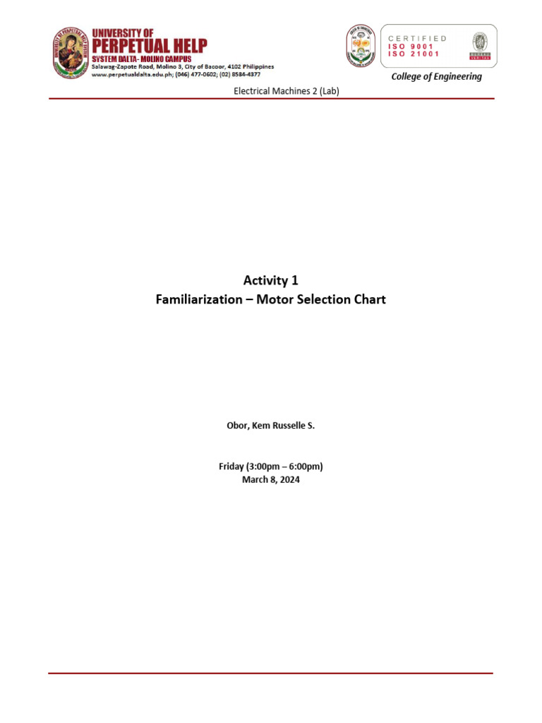 Activity 1 (Familiarization-Motor Selection Chart) | PDF | Electric ...