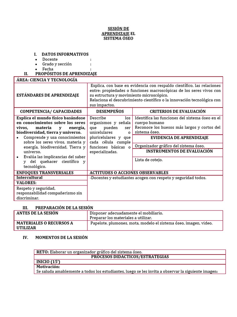 Sesión De Aprendizaje Sistema Oseo Pdf Evaluación Aprendizaje