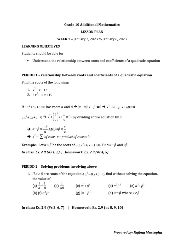 Lesson Plans | PDF | Quadratic Equation | Equations