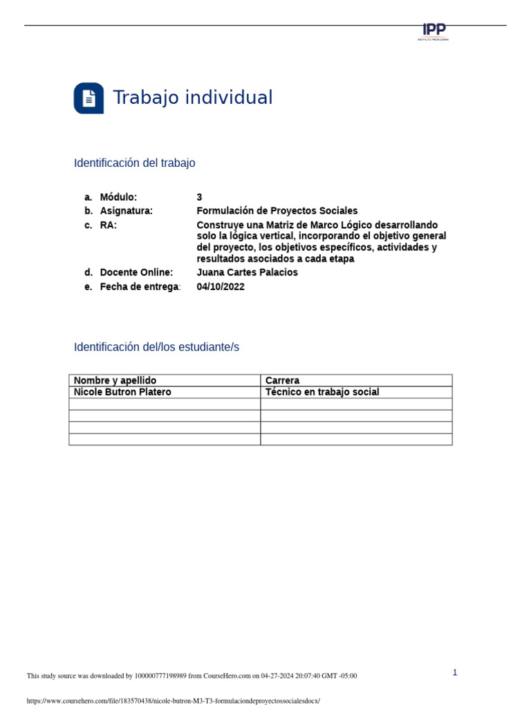 Nicole Butron M3 T3 Formulaciondeproyectossociales | PDF | Trabajo Social