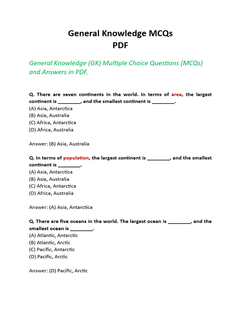 General Knowledge Mcqs | PDF | Continent | Mountains