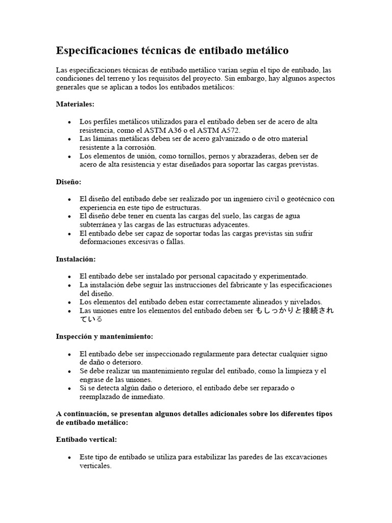 Especificaciones técnicas de entibado metálico | PDF | Acero | Tornillo