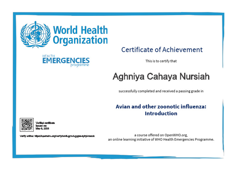 Certificate of WHO - Avian and Other Zoonotic Influenza Introduction | PDF