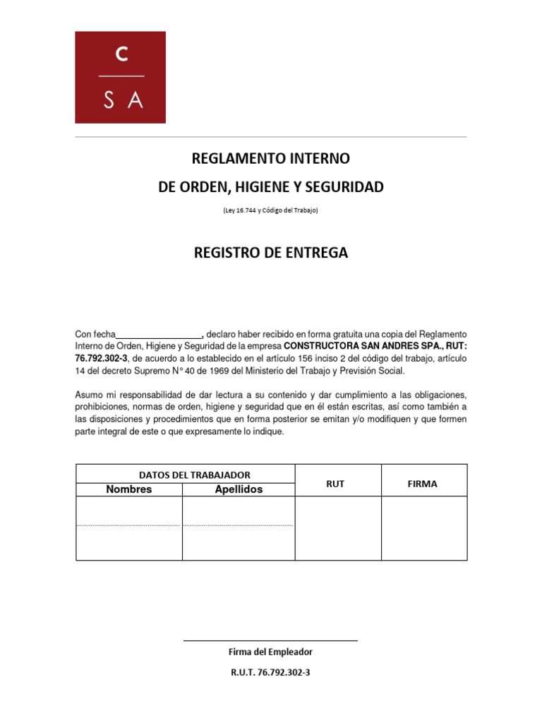 Csa-Riohs-03 Registro de Entrega Reglamento Interno | PDF