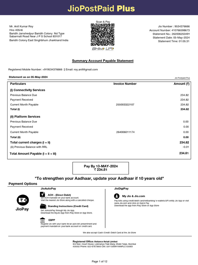 Jio Mobile Bill May 2024 | PDF | Credit Card | Cheque