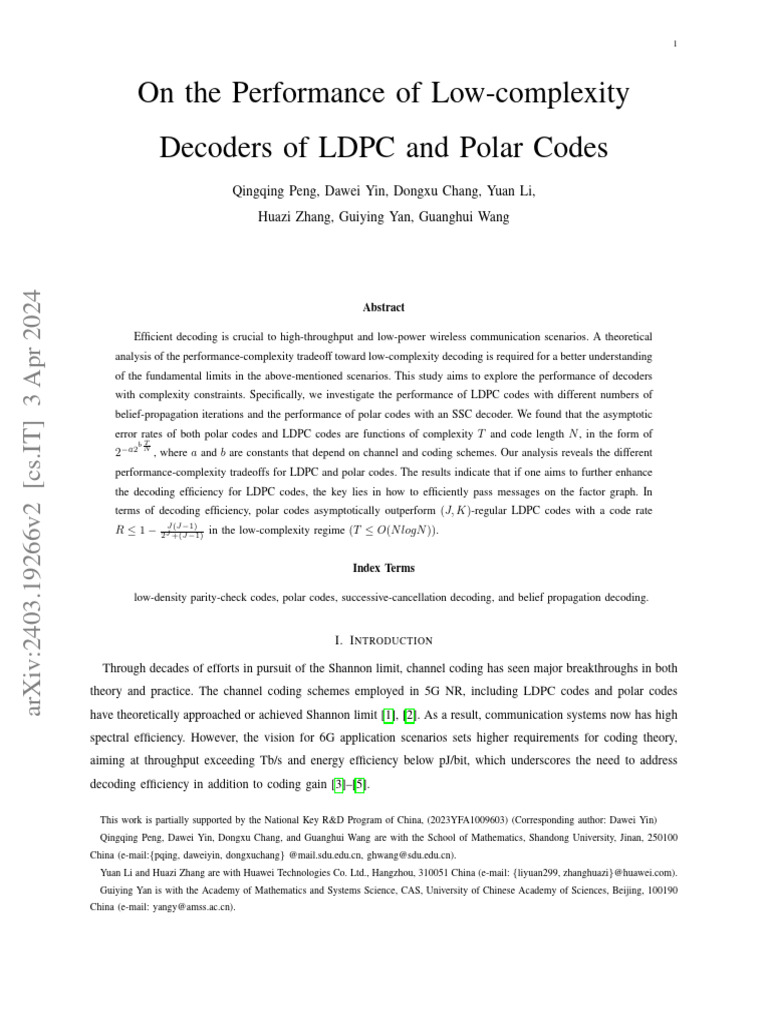 Paper - 2024 - On The Performance of Low-Complexity Decoders of LDPC and Polar Codes - Qingqing ...
