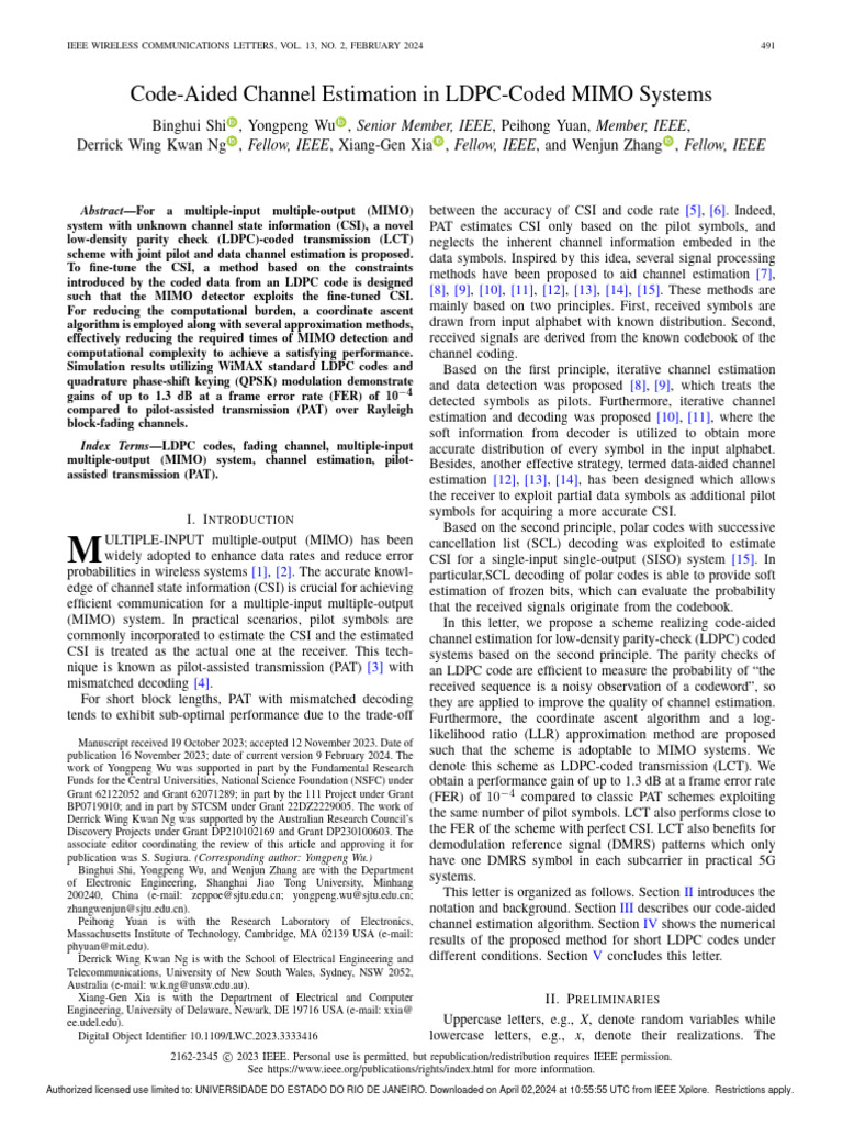 Paper - 2024 - Code-Aided Channel Estimation in LDPC-Coded MIMO Systems - Binghui Shi | PDF ...