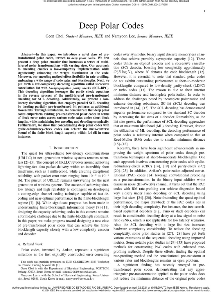 Paper - 2024 - Deep Polar Codes - Geon Choi | PDF | Low Density Parity Check Code | Discrete ...