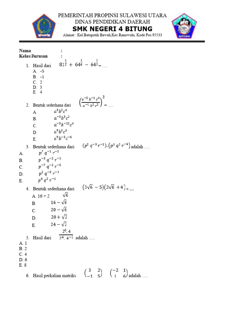 Soal Ujian Sekolah Matematika 2024 | PDF