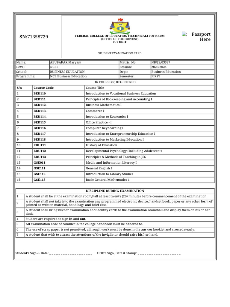 NCE I Business Exam Card 2023/24 | PDF