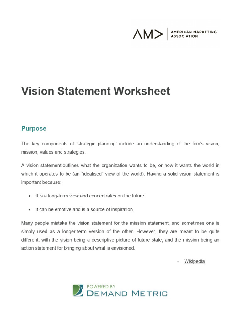 AMA-vision Statement Worksheet | PDF | Sustainability | Brand