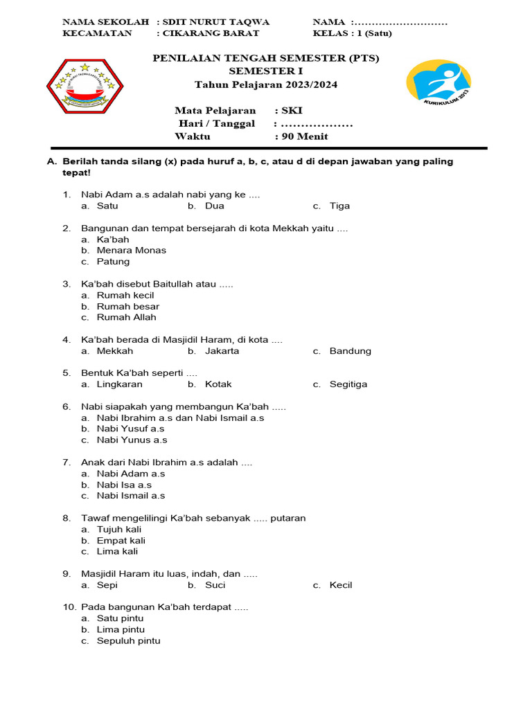 Soal SKI Kelas 1 Madrasah Diniyah | PDF | Perjalanan | Agama ...