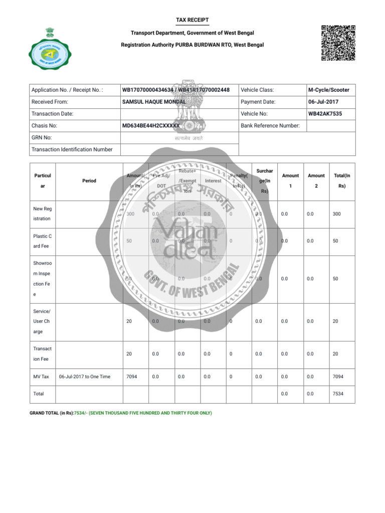 West Bengal Vehicle Tax Receipt | PDF | Government Finances | Payments