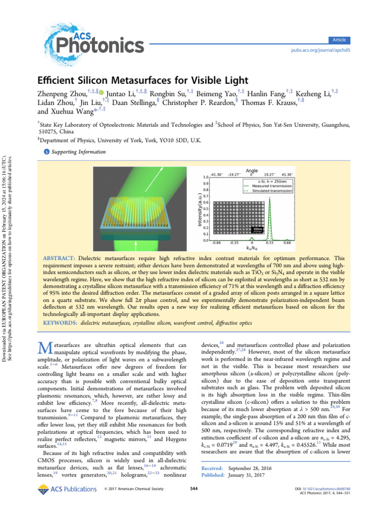 Zhou Et Al 2017 Efficient Silicon Metasurfaces For Visible Light | PDF ...