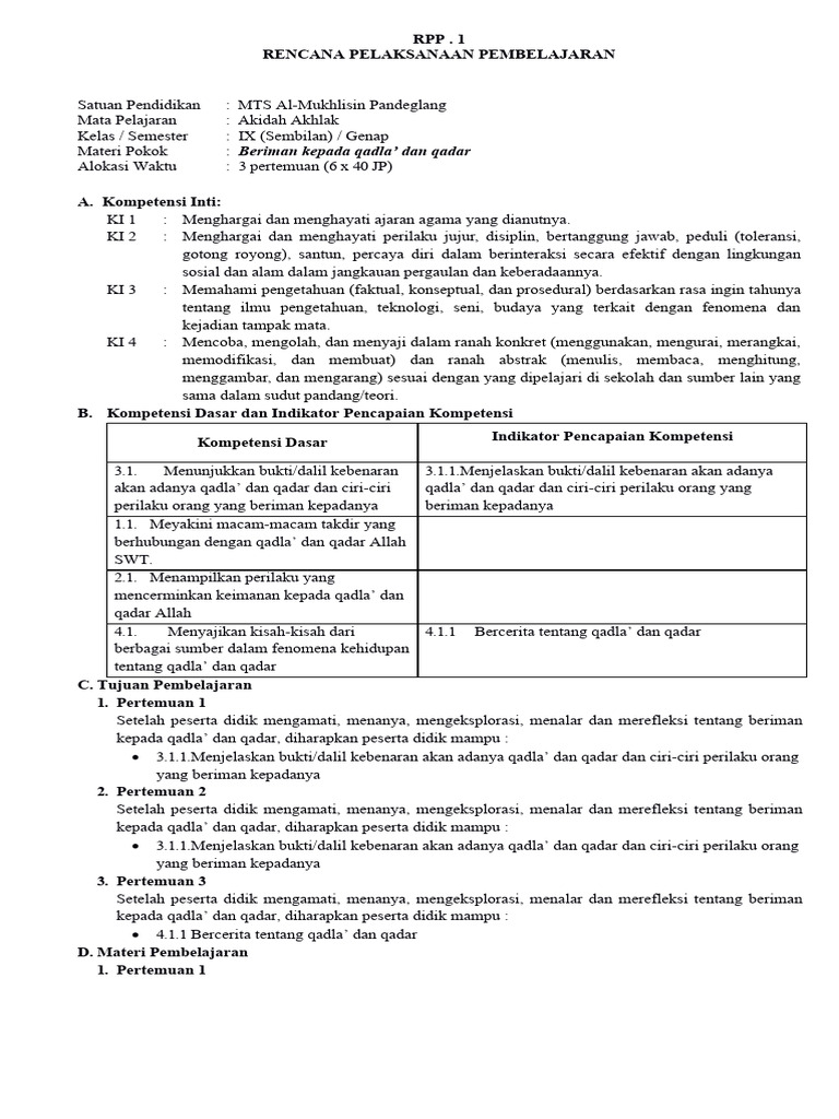 RPP Akidah Akhlak Yani Subaekah 2211104348 | PDF | Karier & Perkembangan