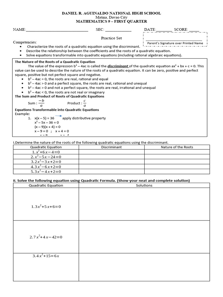 Discriminant and Quadratic Formula | Download Free PDF | Quadratic ...