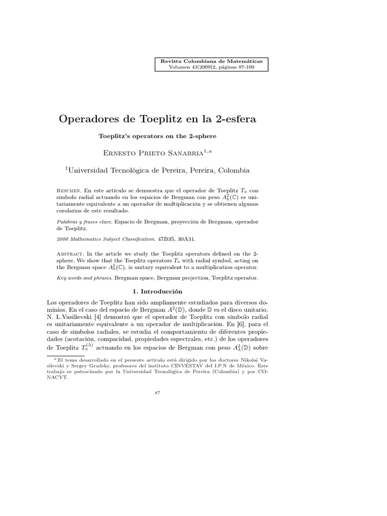 Toeplitz en 2-Esfera: Equivalencia Unitaria | PDF | Valores propios y ...