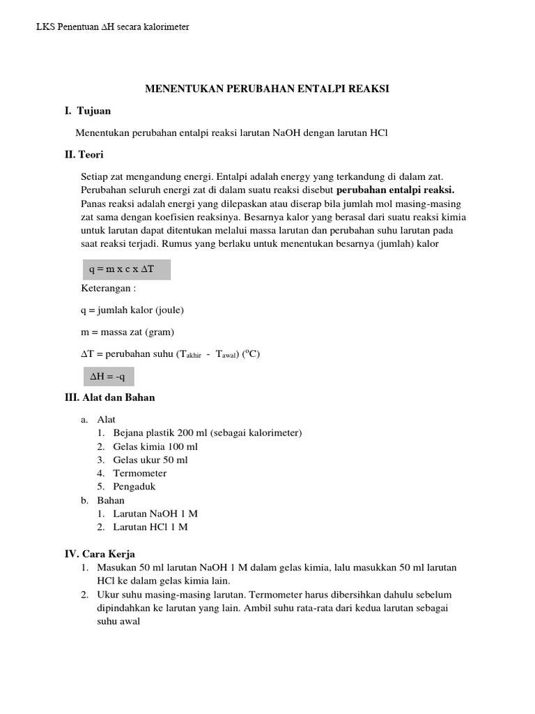 Lks Menentukan Perubahan Entalpi Reaksi Ok | PDF