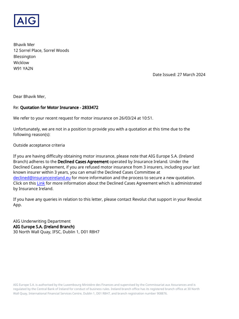 Motor Insurance Quotation Decline Notice | PDF