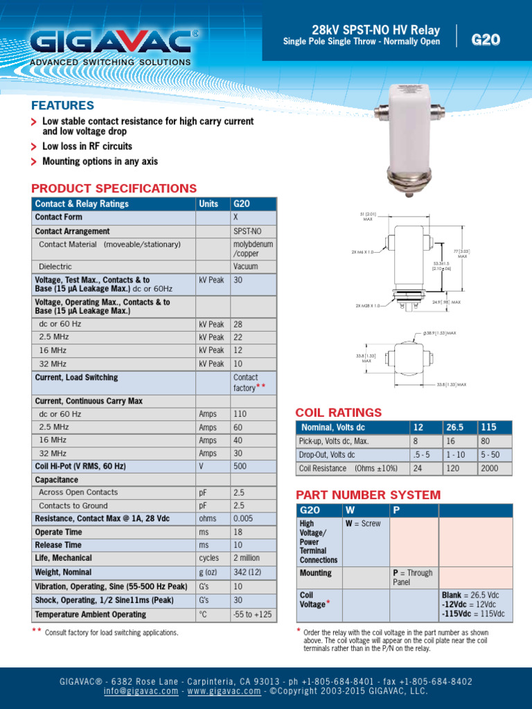 Sensata g20 Series Spst High Voltage Relay Datasheet | PDF | Relay | Switch