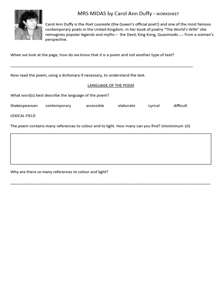 MRS MIDAS by Carol Ann Duffy - WORKSHEET | PDF | Classics