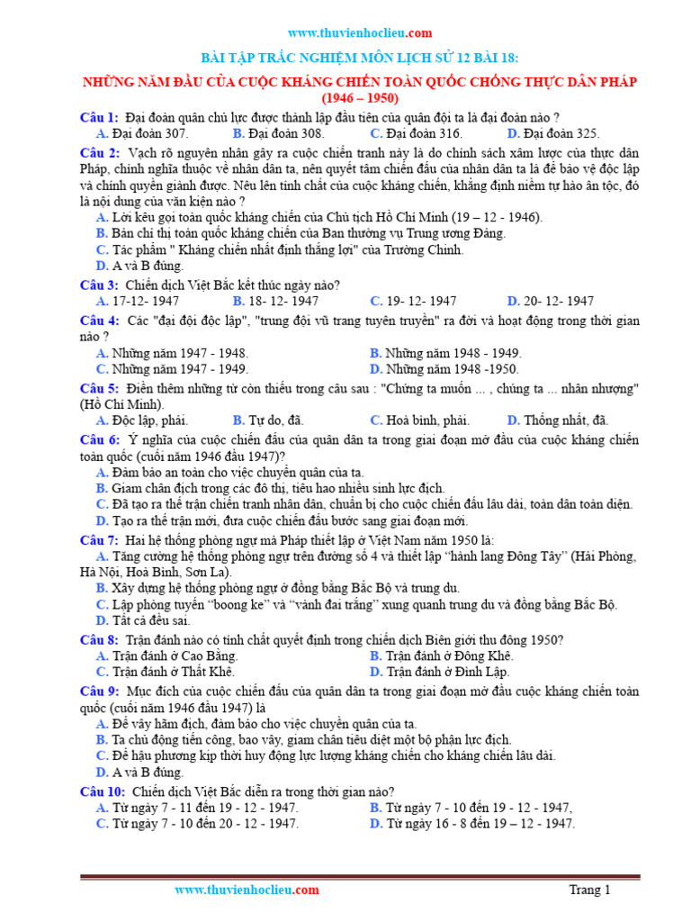 Trac Nghiem Lich Su 12 Bai 18 | PDF