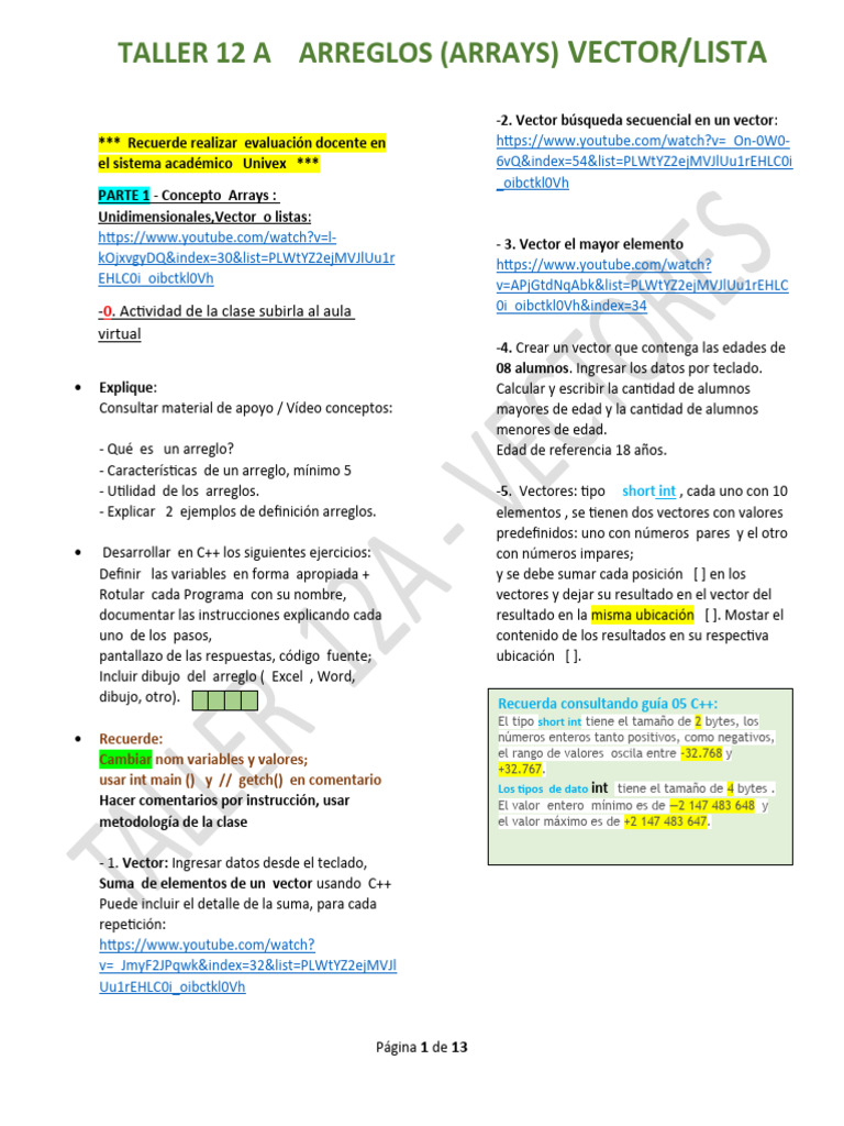 Taller C++: Ejercicios con Arrays | PDF | C ++ | Ingeniería Informática