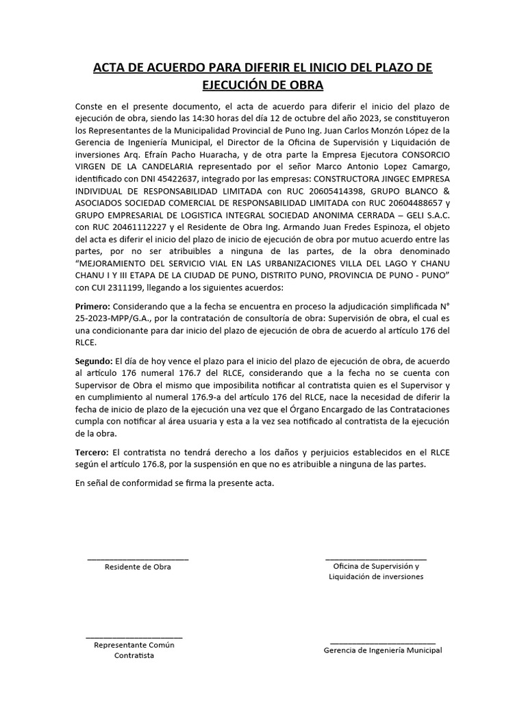 Acta de Acuerdo para Diferir El Inicio Del Plazo de Ejecución de Obra ... Acta de Acuerdo para Diferir El Inicio Del Plazo de Ejecución de Obra ...