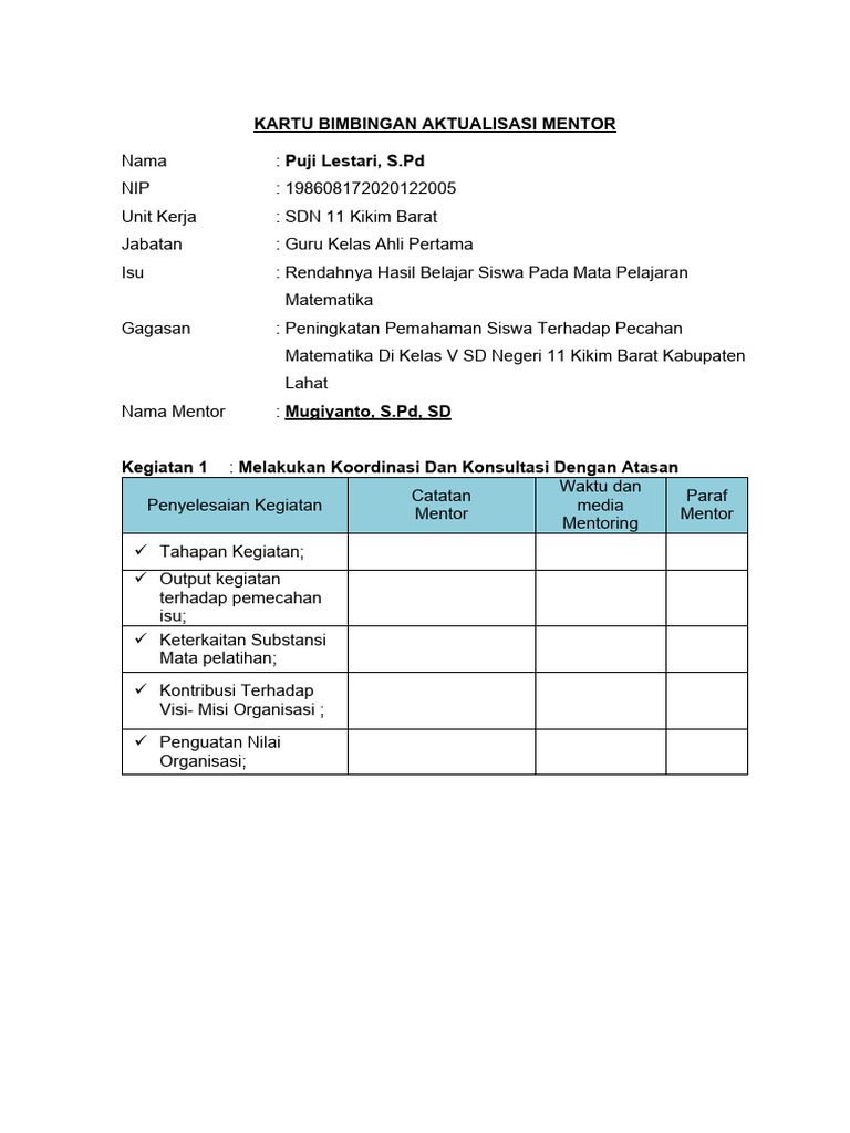 Kartu Bimbingan Aktualisasi Mentor2 | PDF | Bisnis | Pengembangan Diri