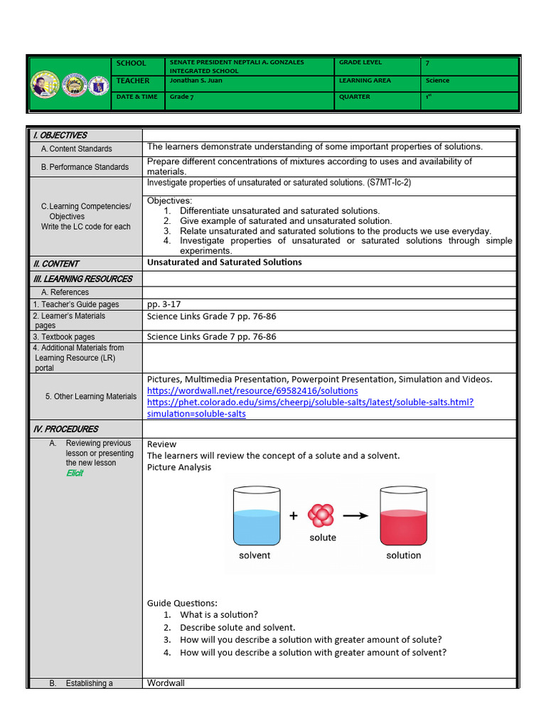 Q1 Science 7 Lesson Exemplar | PDF | Solubility | Chemistry