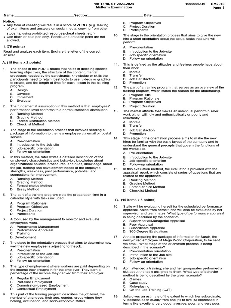 Middle Term Exam Human Resource Management | PDF | Performance ...