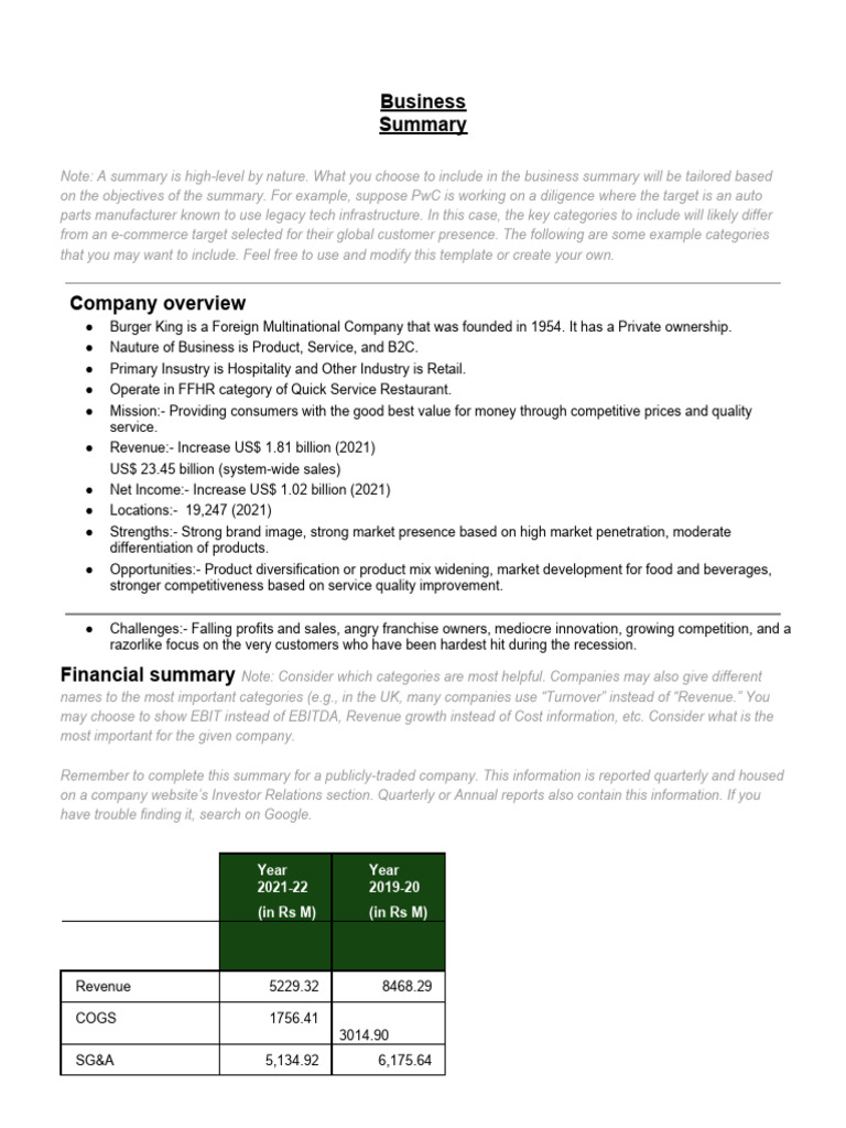 PWC Task 1 - Resource - Business Summary Template | PDF | Hamburgers ...