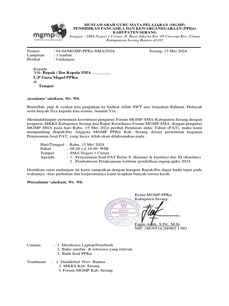 Surat Undangan Penyusunan Soal MGMP PPKN - 13 Mei 2024.. | PDF | Gaya Hidup