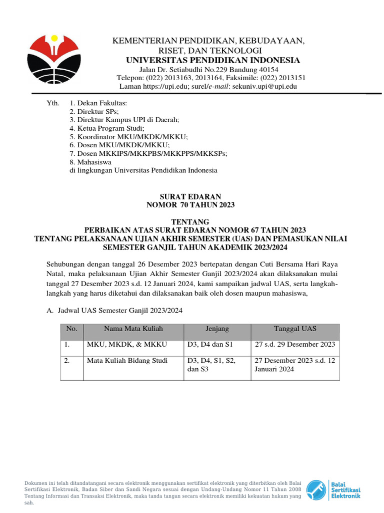 Surat Edaran Tentang Perbaikan Pelaksanaan UAS Dan Pemasukan Nilai Semester Ganjil 2023 2024 | PDF