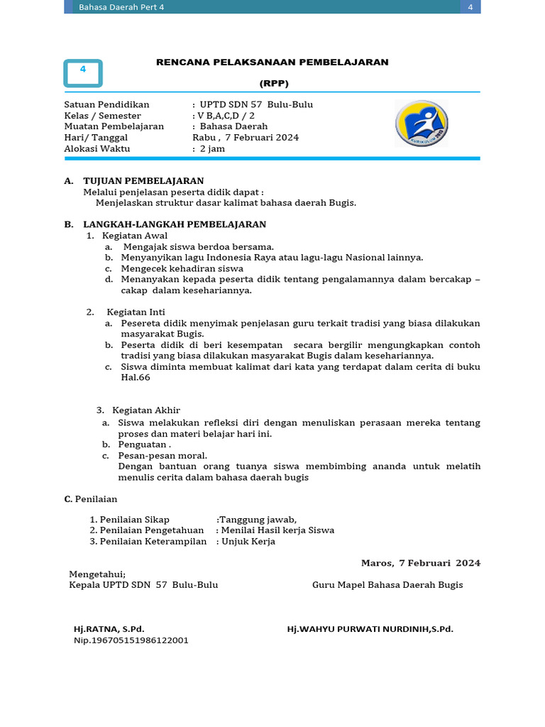 RPP 4 BD Kelas 5 | PDF | Seni & Disiplin Bahasa