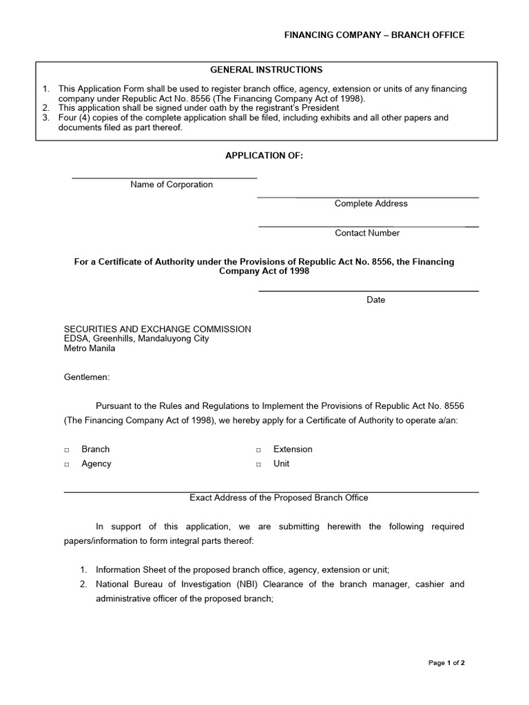 Financing Company Branch Office Application | PDF | U.S. Securities And ...