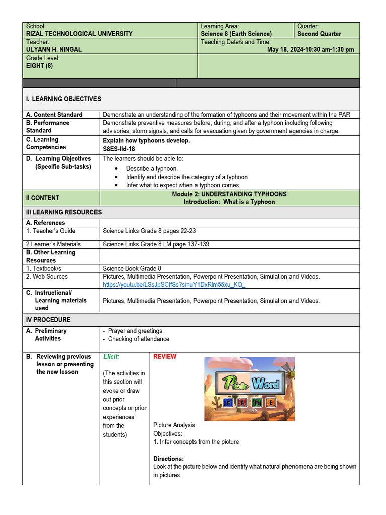 Lesson Plan - Envi Scie - Understanding Typhoon - Ningal, Ulyann H. | PDF | Tropical Cyclones ...
