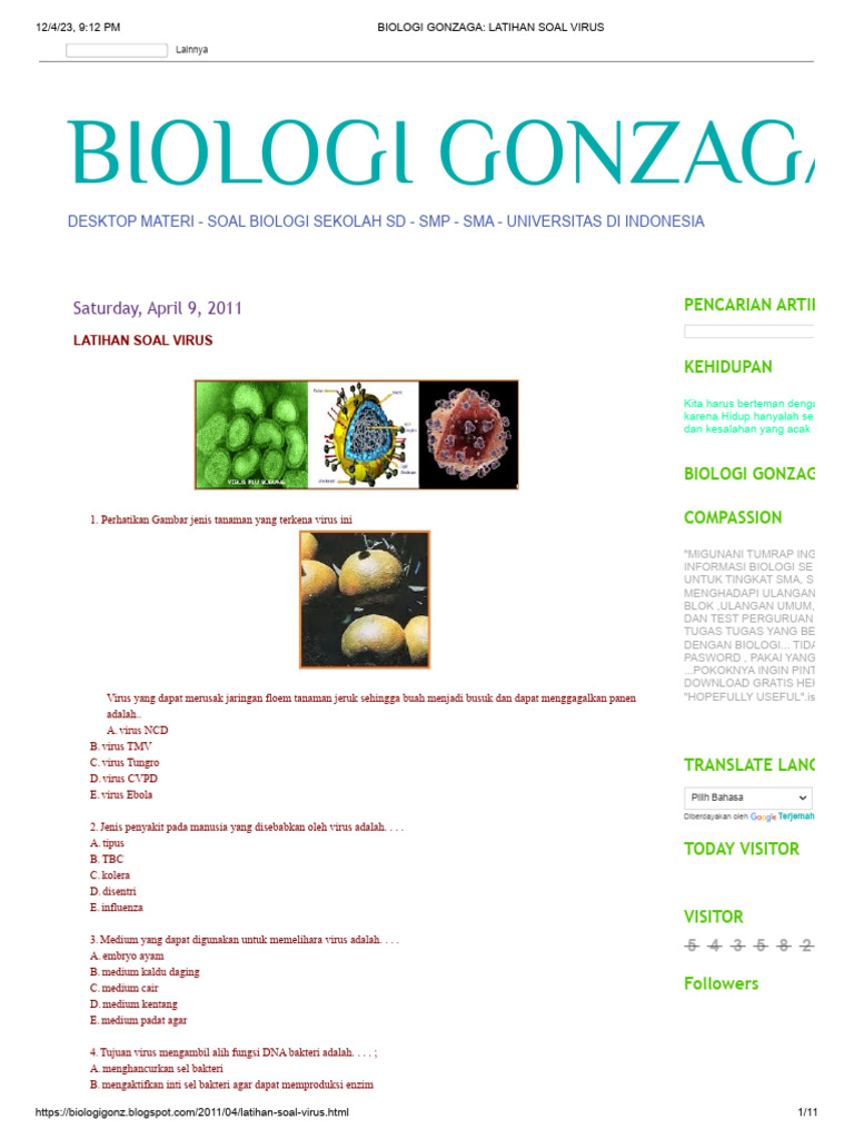Biologi Gonzaga_ Latihan Soal Virus | PDF