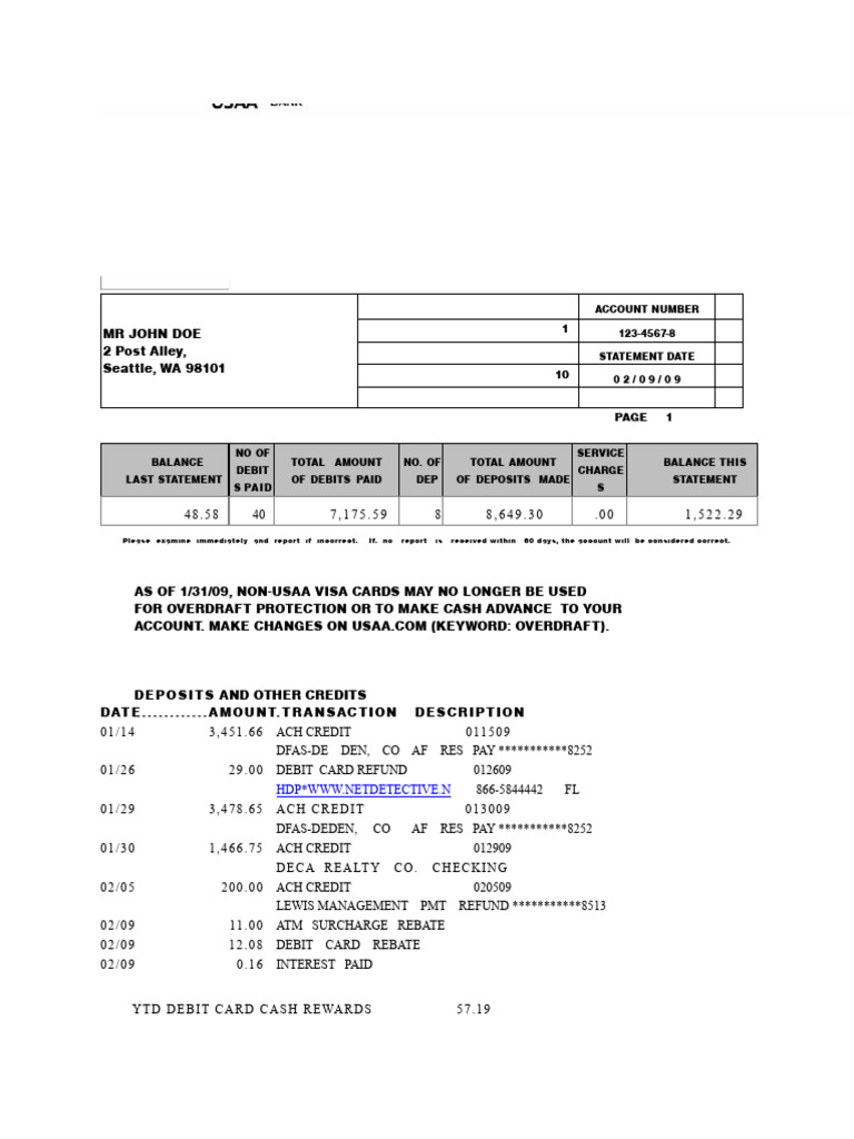 USAA Bank Statement | PDF | Debit Card | Debits And Credits