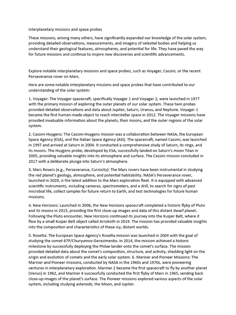 Interplanetary Missions and Space Probes | PDF | Curiosity (Rover) | Mars