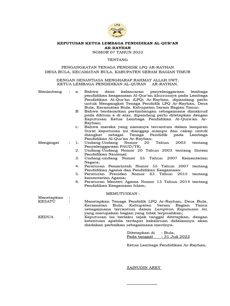 Pengangkatan Tenaga Pendidik LPQ Ar-Rayhan | PDF