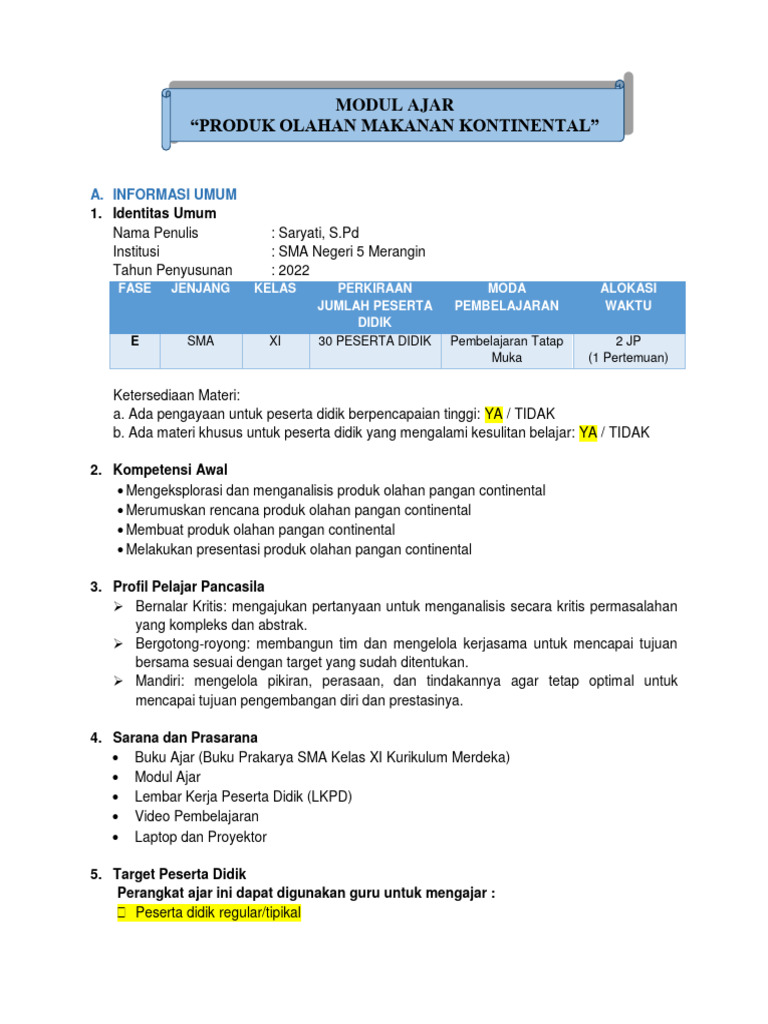 Modul Pengolahan Makanan Kontinental | PDF | Karier & Perkembangan ...
