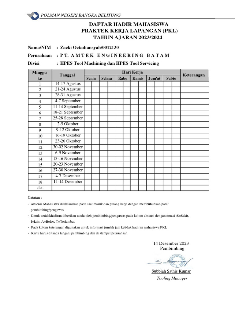 Daftar Hadir PKL Absen | PDF