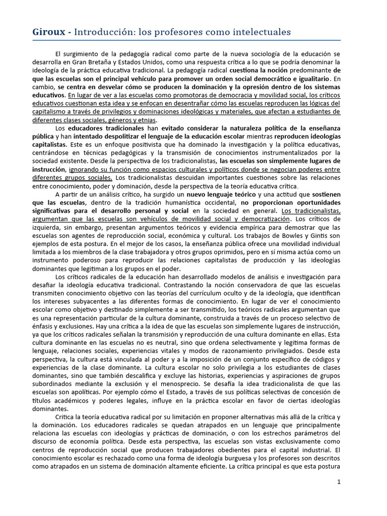 Resumen de GIROUX - Intro y Cap. 9 - Los Profesores Como Intelectuales ...