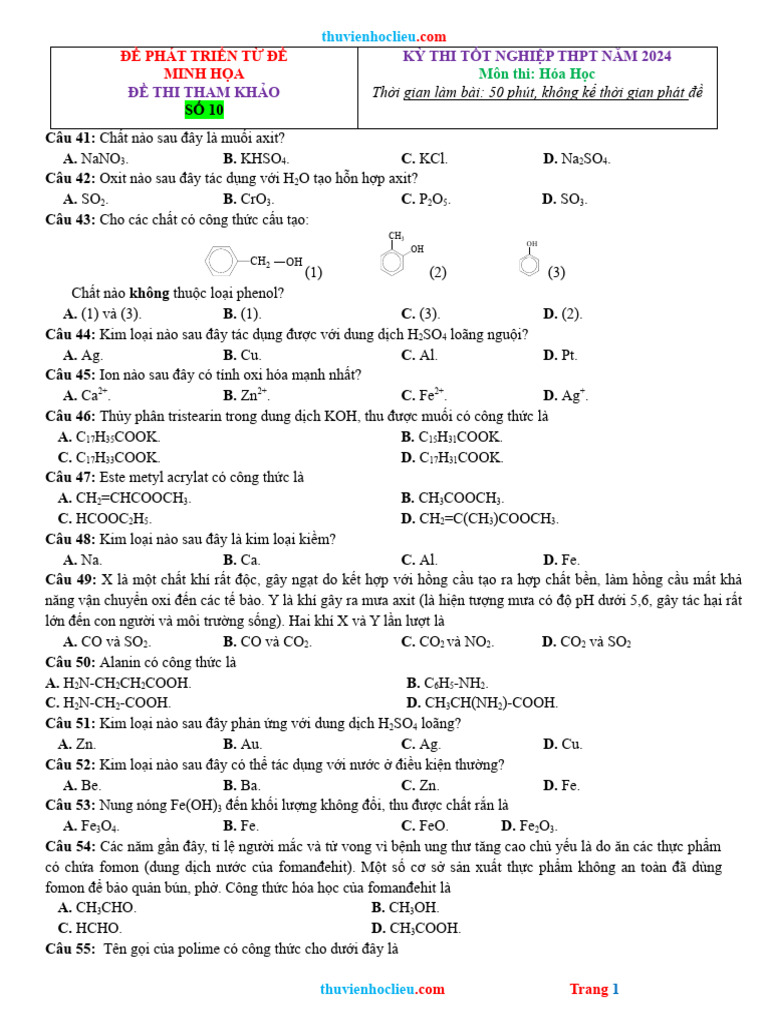De Thi Thu TN THPT 2024 Hoa Phat Trien Tu de Minh Hoa de 10 | PDF