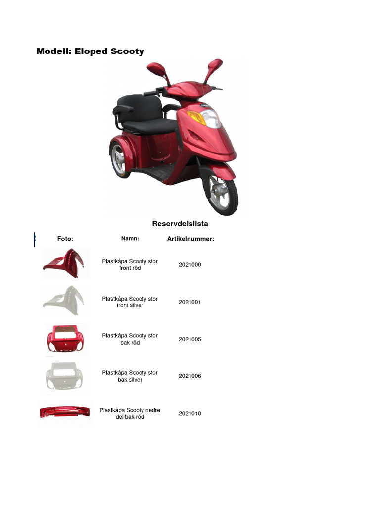 Reservdelslista Eloped Scooty | PDF